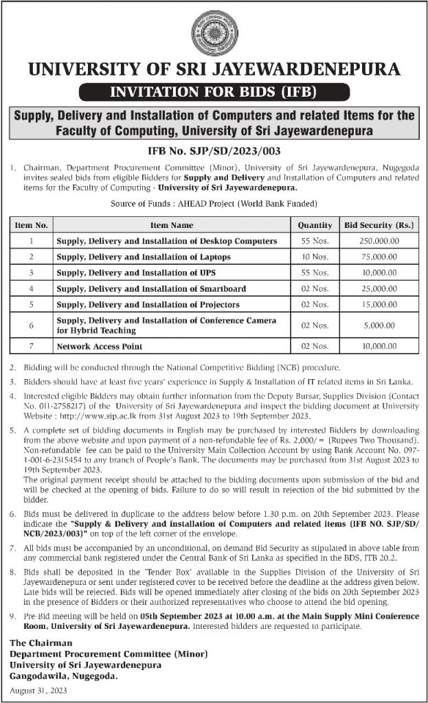 Invitation For Bids (IFB) – Faculty of Computing | University of Sri ...