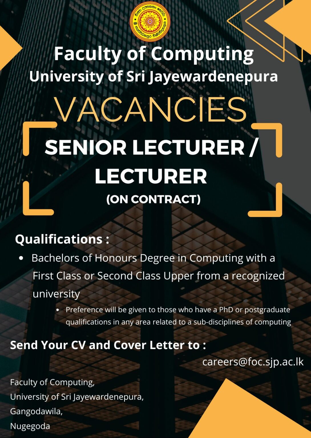 Vacancies for the Post of Senior Lecturer/Lecturer – Faculty of ...